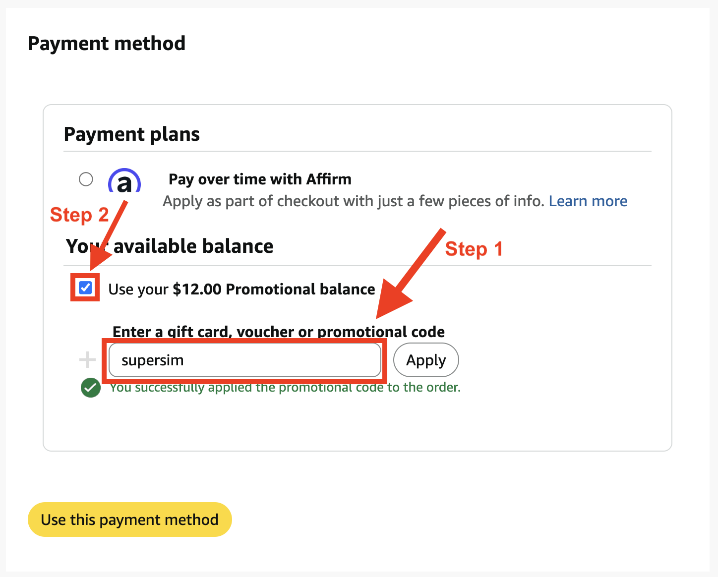 Amazon coupon step 2 instructions